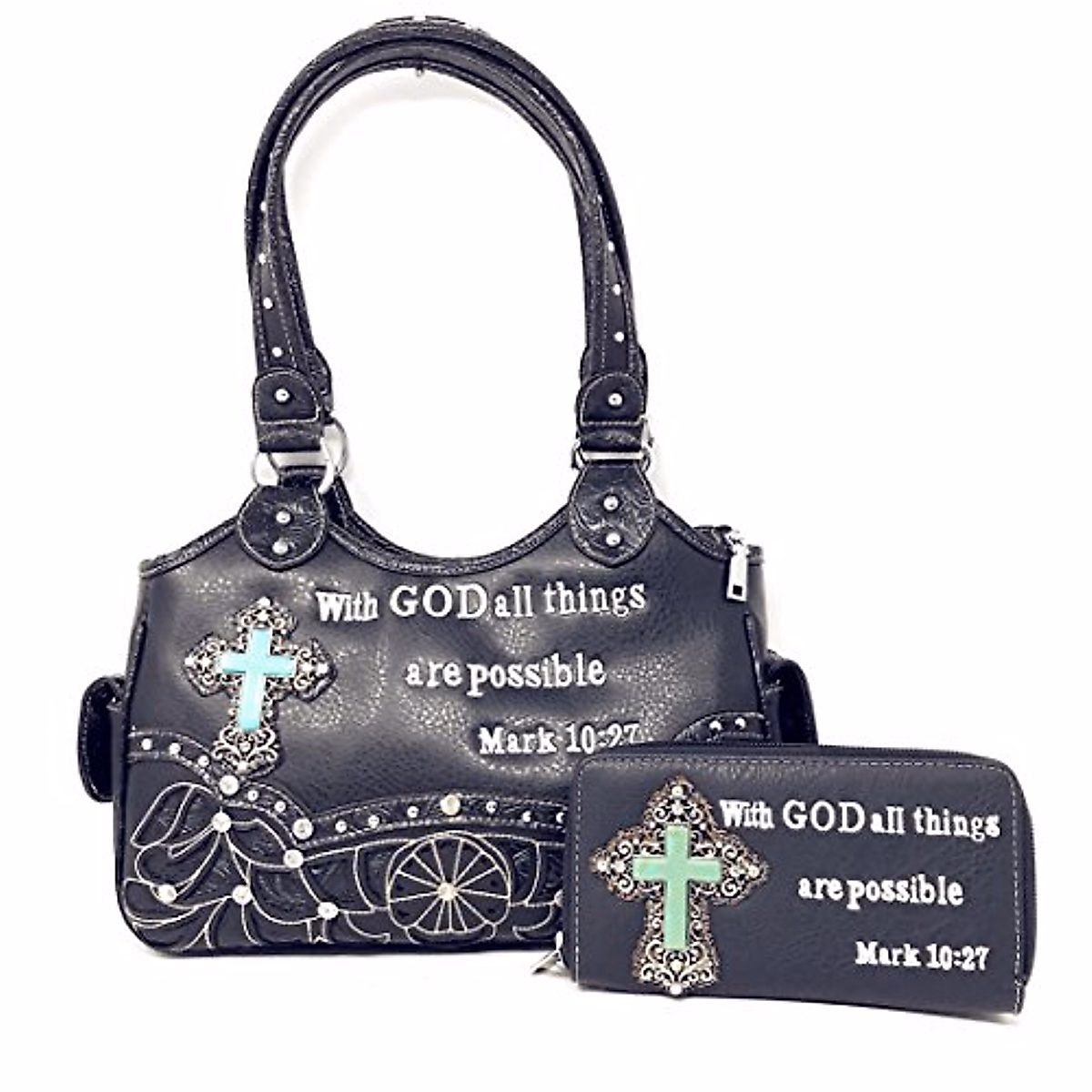 Western Style Embroidery Scripture Women Rhinestone Cross Bible Cover Book Case Crossbody Handbag Wallet in 5 Colors (Black Set)