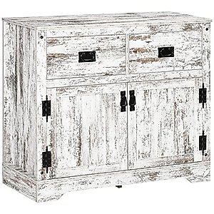 HOMCOM Industrial Sideboard Buffet Cabinet with 2 Drawers Kitchen Storage Cabinet Coffee Bar Cabinet with Double Door Cupboard for Kitchen, Living Room, Distressed White
