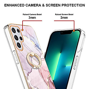 Monwutong Slim Fit Phone Case for Samsung Galaxy S23 Ultra, IMD Marble Pattern Shiny Ring Kickstand Case for Girls,with Camera and Screen Protection Cover for Galaxy S23 Ultra,ZHDD Rose Gold