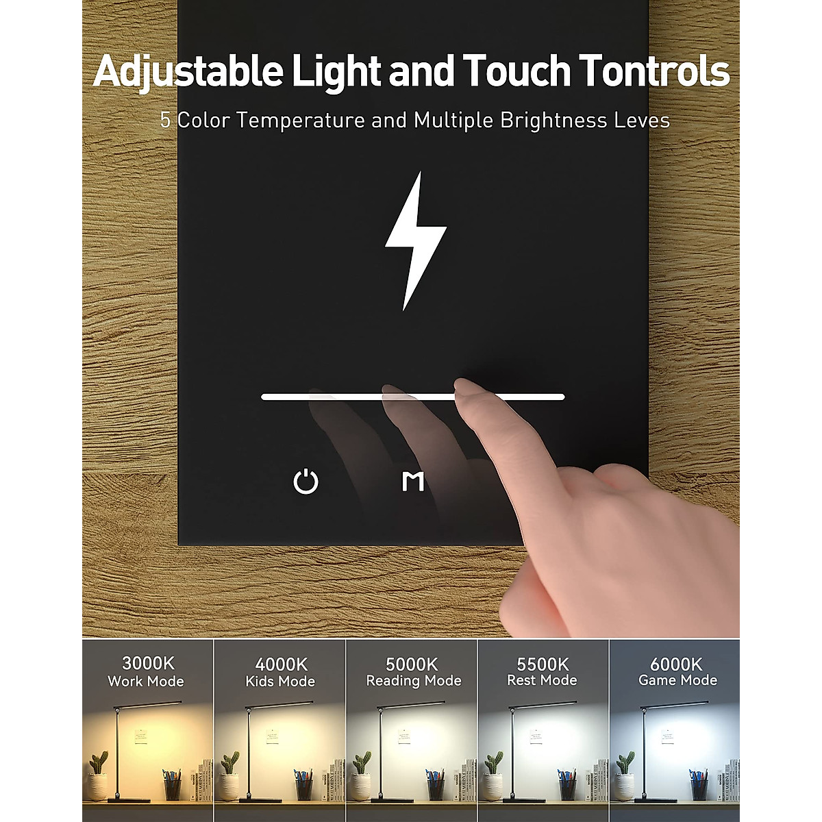 FOCASEY LED Desk Lamp with Wireless Charger,USB Charging Port,Eye-Caring Desk Lamps for Home Office,Touch Control Table Lamp with 25 Lighting Modes,Desk Light for Study,Reading,Office,Black