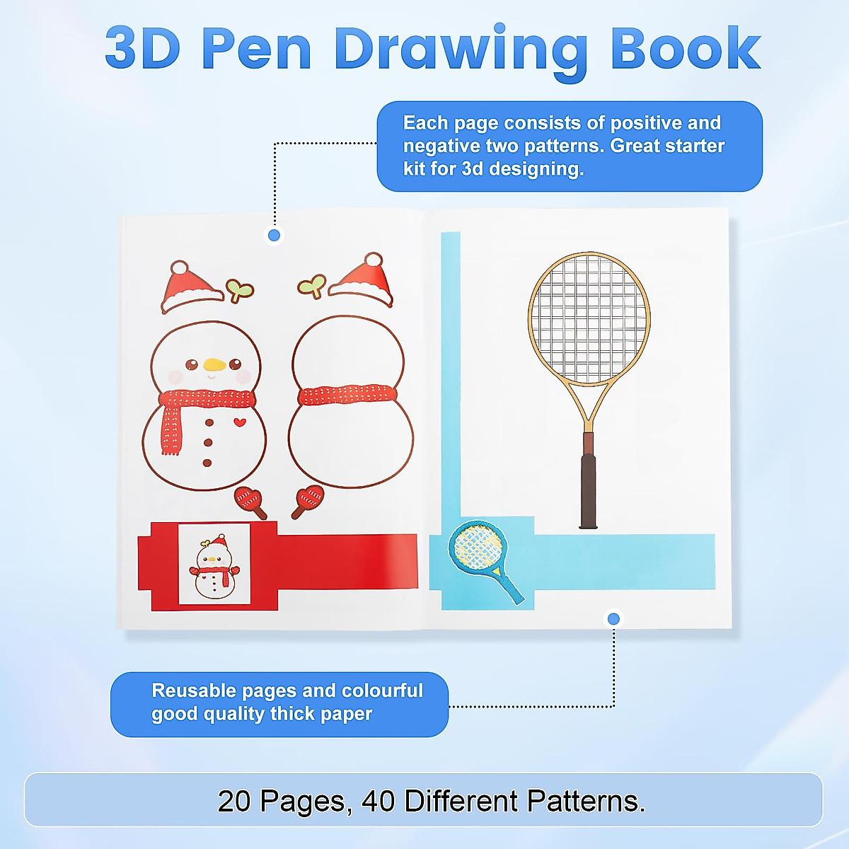 3D Pen Stencils, 20 Pages 40 Patterns 3D Drawing Book Templates, with a Reusable Transparent PVC Drawing Board, 3D Art Pen Accessories for Kids Ages 8-10 and Adults Starter for 3D Printing Pen