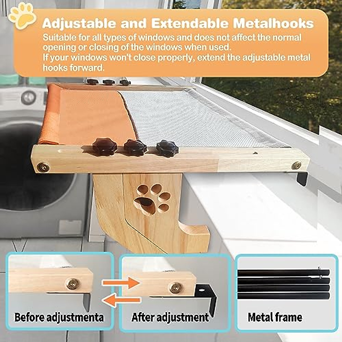 Cat Window Perch Sturdy Cat Window Hammock with Wood and Metal Frame-No Drilling Required-Multiple Ways to Use-Cat Bed for Windowsill,Floor,Bedside or Cabinet-Suitable for Large Cat or Fat Cats-(M)