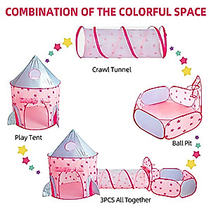 wilwolfer 3PC Princess Tent for Girls with Kids Play Tents, Crawl Tunnel and Baby Ball Pit for Toddlers, Pink Pop Up Playhouse Toys for Boys Indoor& Outdoor Games, Birthday Kid’s Gifts