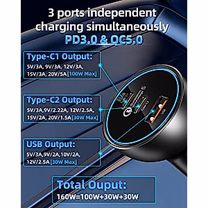160W USB C Car Charger, Baseus PD3.0 QC5.0 PPS 45W 3 Ports Super Fast Charging Type C Car Phone Charger Adapter for iPhone 14 13 12 11 Pro Max Samsung Galaxy S22/S21 Ultra/Tab S8 iPad MacBook Laptop