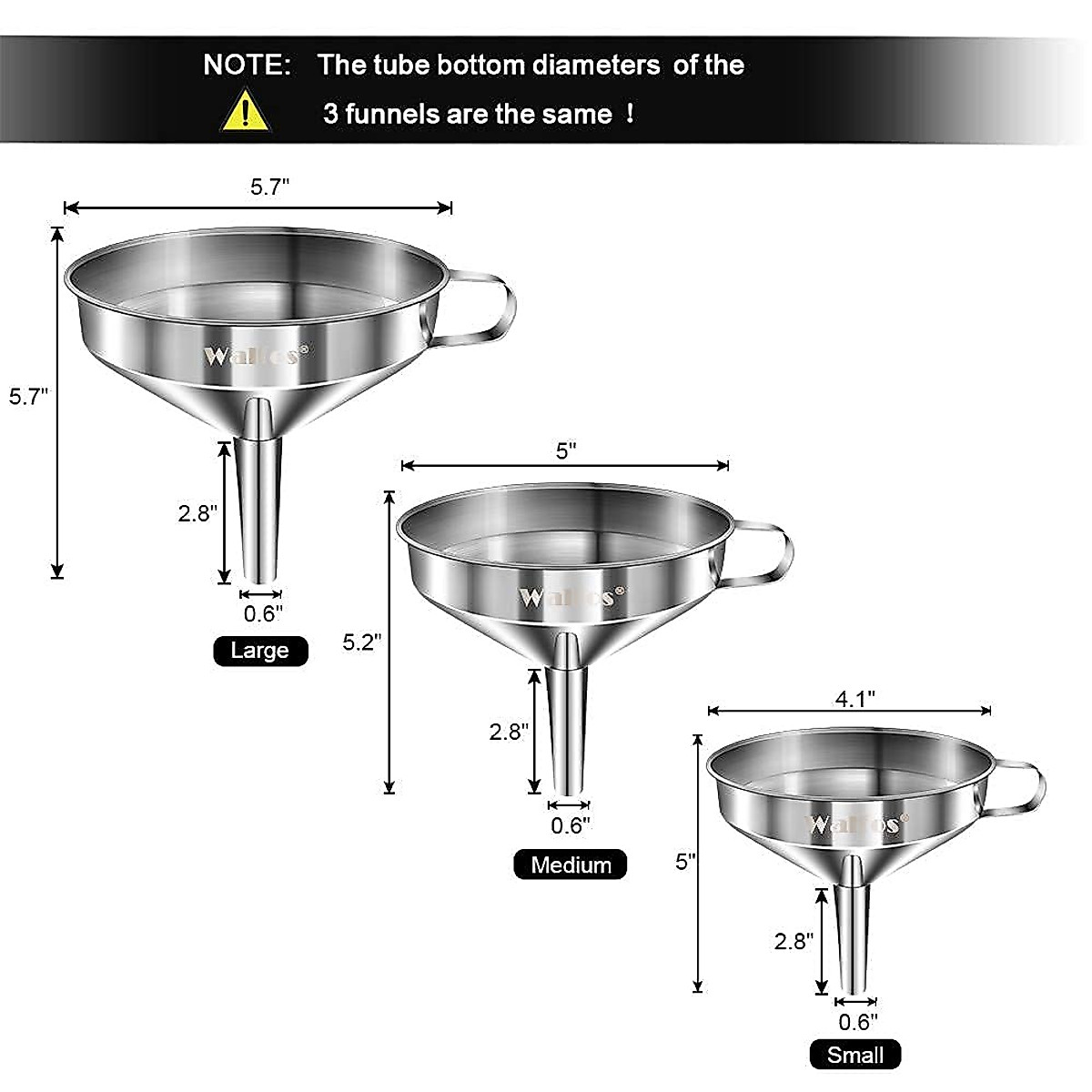 Stainless Steel Funnel, Walfos 3 Pack Kitchen Funnel with 2 Removable Strainer ＆ 1Pcs Cleaning Brush, Perfect for Transferring of Liquid, Oils, Jam, Dry Ingredients & Powder