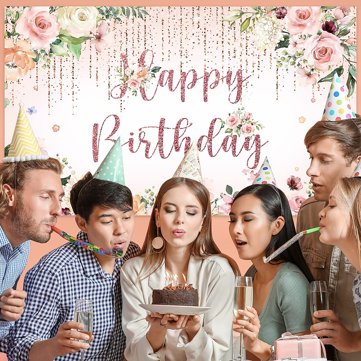 RUBFAC Happy Birthday Banner Backdrop Decorations Glitter Black Gold Banner Party Supplies Photo Background for Women Men Children