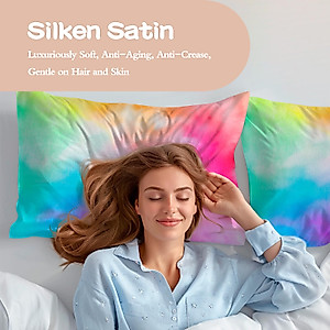 Sinpooo Satin Pillowcase for Hair and Skin,Softer Than Mulberry Silk Pillow Cases 1 Pack, Satin Pillowcases with Zipper, Cooling Pillow Cases Standard Size, Rainbow Tie Dye
