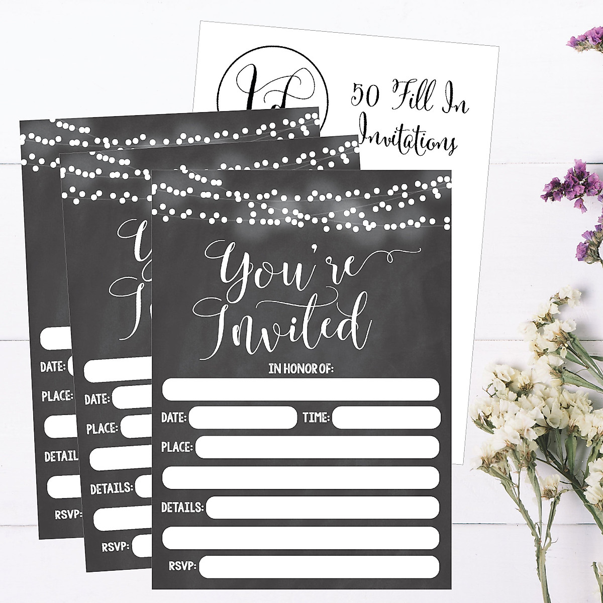 Hadley Designs 50 Rustic Invitations, Chalk Bridal or Baby Shower, Chalkboard Birthday, Wedding Rehearsal Invites, Engagement Bachelorette Reception Anniversary, Housewarming, Graduation, Sweet 16