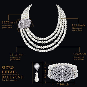 BABEYOND 1920s Gatsby Pearl Necklace Vintage Bridal Pearl Necklace Earrings Jewelry Set Multilayer Imitation Pearl Necklace with Brooch (Style 4-Silver)