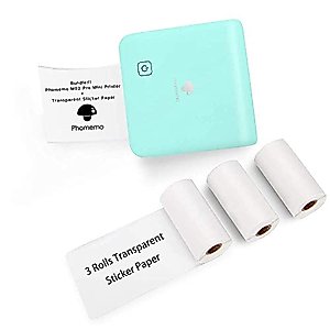 Phomemo M02 Pro Mini Bluetooth Printer- Pocket Photo Printer with 3 Rolls Transparent Sticker Paper, Compatible with iOS + Android for Plan Journal, Study Notes, Art Creation, Work, Gift, Cyan