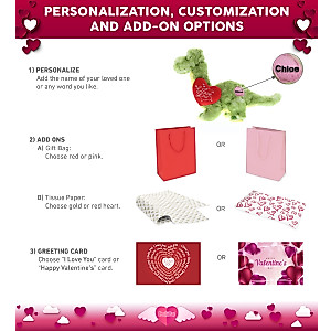 DolliBu I Love You Valentine Green Dinosaur Plush - Cute Dinosaur Stuffed Animal with Red Heart and Name Personalization Gift for Valentines Day, Birthday, Anniversary, Romantic Date - 10 Inches