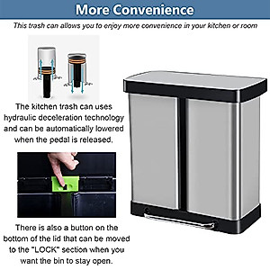 16 Gallon/ 60L Kitchen Dual Step Trash Can Garbage Bin 2-Compartment Stainless Steel Step Trash Bin Large Classified Brushed Trash Can Rubbish Recycling Bin with Lid & Removable Inner Buckets, Silver