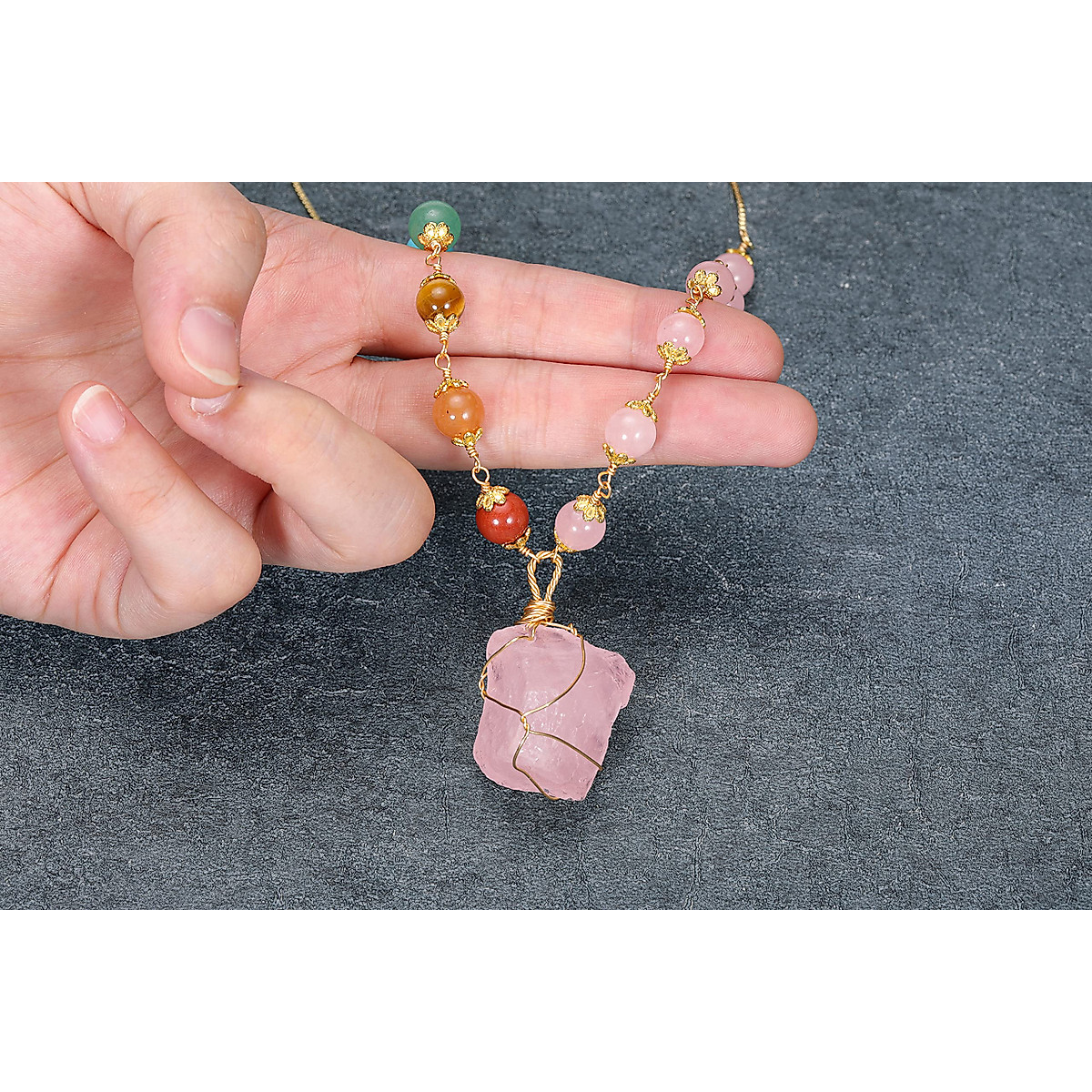 Jovivi Healing Stone Necklaces 7 Chakra Beads Necklace for Women Adjustable 14K Gold Plated Wire Wrapped Raw Rose Quartz Crystal Pendant Necklace Gemstone Jewelry Mothers Day Gift