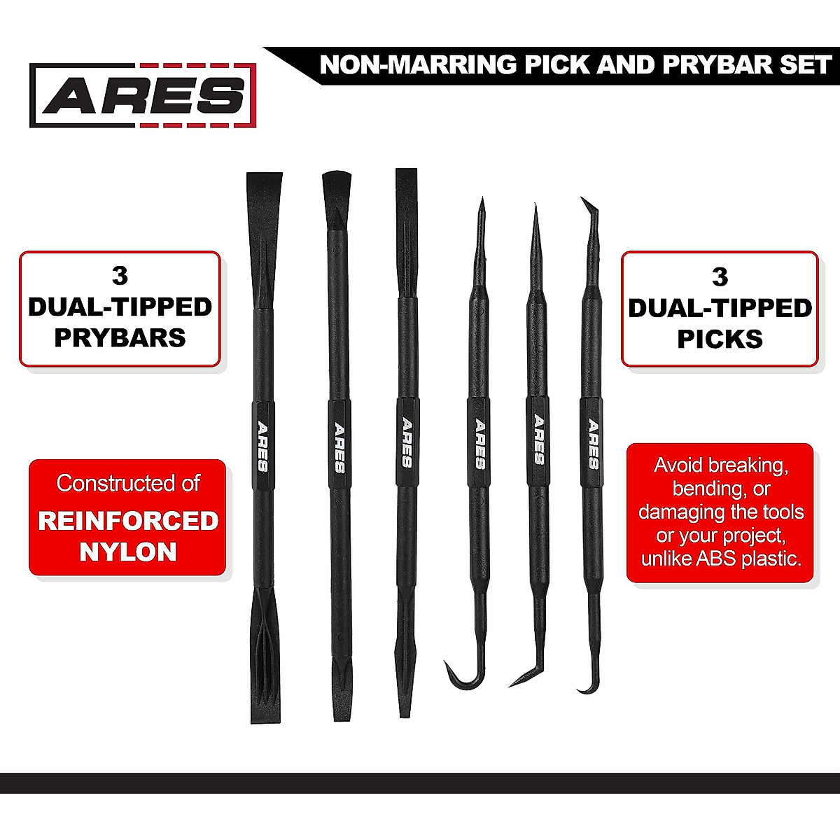 ARES 16003-6-Piece Non-Marring Pick and Prybar Set - Protects Fasteners, O-Rings, Seals, Gaskets, and Trim on Automotive and Electronics Applications During Use