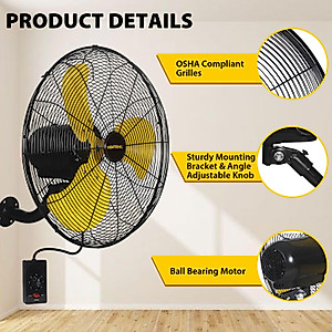 VENTISOL 20 Inch High Velocity Oscillation Wall Mounted Fan for Porch, Greenhouse,Workshop,Home, Patio,-3 Speed Wall Fan Oscillating-4,950CFM - Household,Commercial,Industrial Use