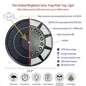 Flag Pole Light Solar Powered, 100% Flag Coverage 266 LEDs, 4200lm Brightest Flagpole Light, Up to 12 Hrs, for Most 15 to 25 Ft Flag Poles, 0.55" Wide Flag Ornament Spindles
