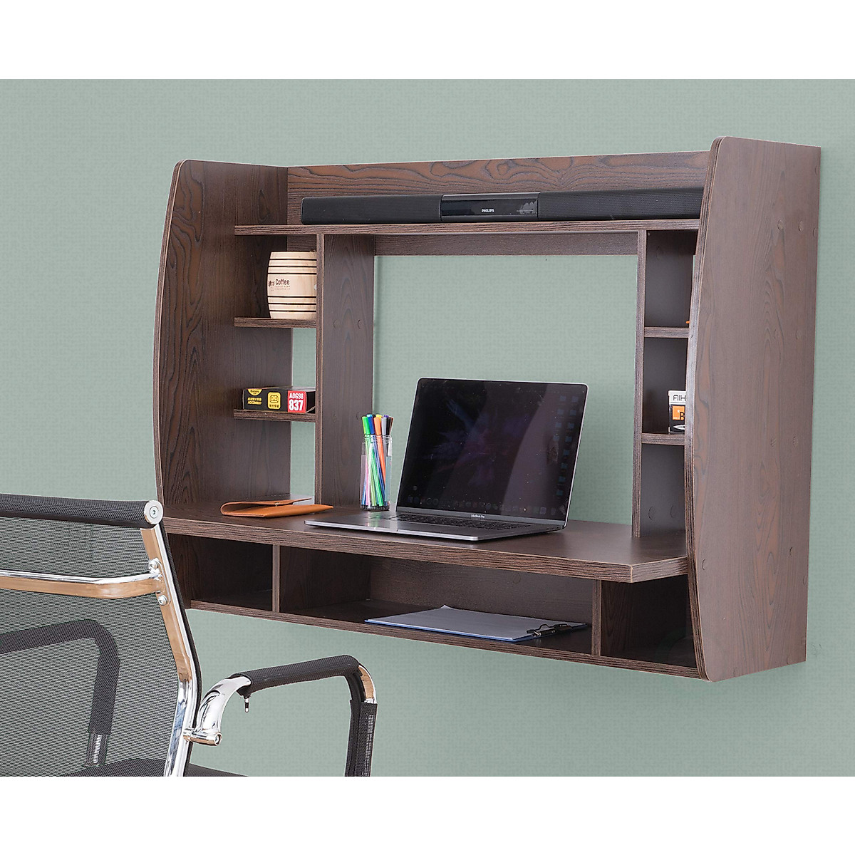 Basicwise Wall Mount Laptop Office Desk with Shelves, Brown,