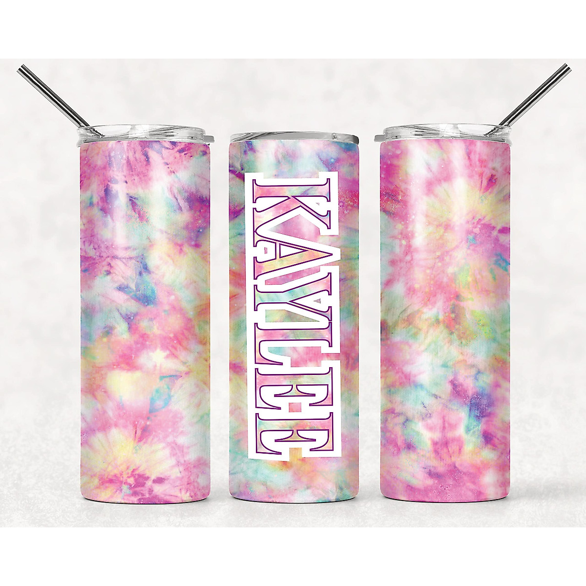 Personalized Tumbler | Stainless Steel 20oz Tumblers | Custom Tumbler For Women | Travel Cup | Double Wall Coffee Cup for Hot and Cold Drinks | Tie Dye Yellow Purple Pink Tumbler
