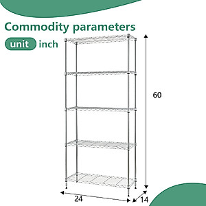 FDW 24" L×14" W×60" H Wire Shelving Unit Metal Shelf with 5 Tier Layer Rack Strong Steel for Restaurant Garage Pantry Kitchen Garage,Chrome