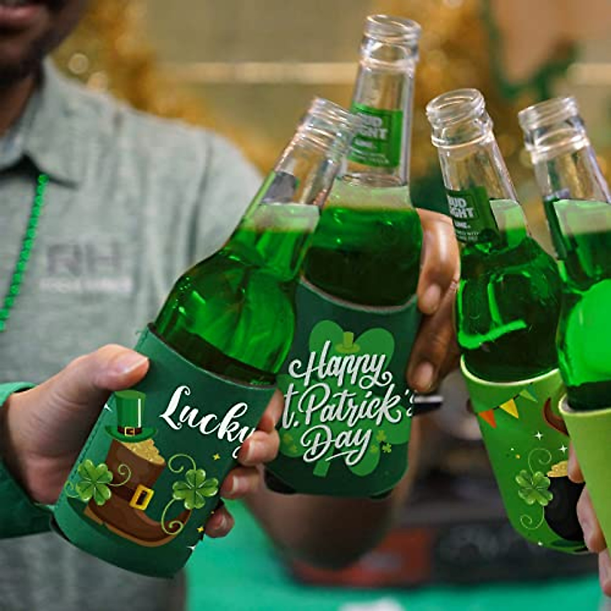 12PCS St. Patrick's Day Can Coolers Sleeves - Irish Shamrock Clover Beer Beverage Party Supplies Decorations Favors