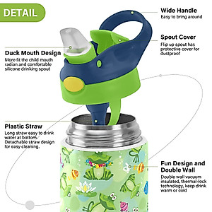 ALAZA Cute Cartoon Lotus Pond Frog Kids Water Bottles with Lids Straw Insulated Stainless Steel Water Bottles Double Walled Leakproof Tumbler Travel Cup for Girls Boys Toddlers 12 oz / 350 ml,Green