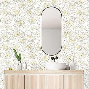 Nukofal Lotus Leaf Wallpaper Peel and Stick Wallpaper Lotus Floral Wallpaper 17.7In x 118.1In Leaf Contact Paper Gold and White Wallpaper Modern Removable Wallpaper Self Adhesive Wall Paper Vinyl