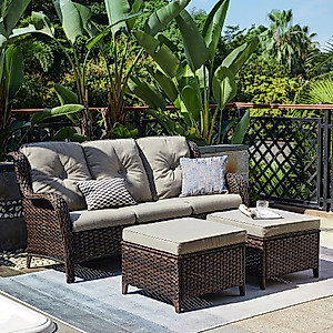 HUMMUH 3 Piece Patio Furniture Set All Weather Wicker Outdoor Sectional Sofa Manual Weaving Rattan High Curved Back Patio Couch with Ottomans
