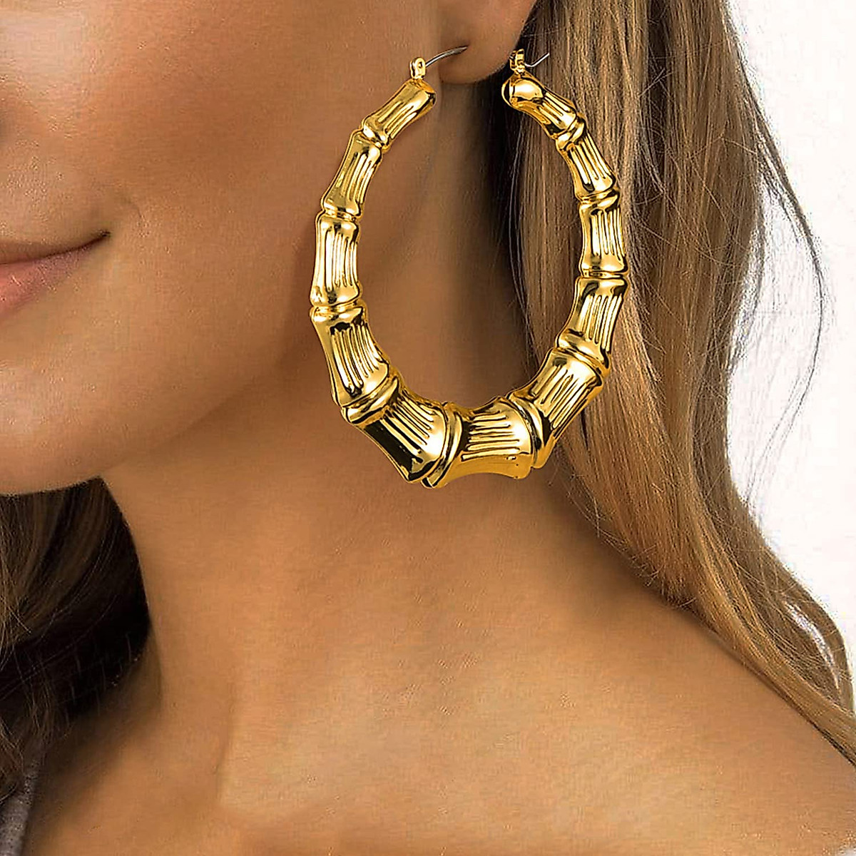 U7 Bamboo Earrings Women 18K Gold Plated 70MM Large Hoops Boho Jewelry Statement Door Knocker Earrings