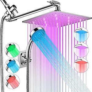 Shower Head with LED, High Pressure 10'' Rain Shower Head with 11'' Adjustable Extension Arm, LED Shower Head Color Changing Based On Water Temperture, Stainless Steel Shower Head with Hose, Chrome