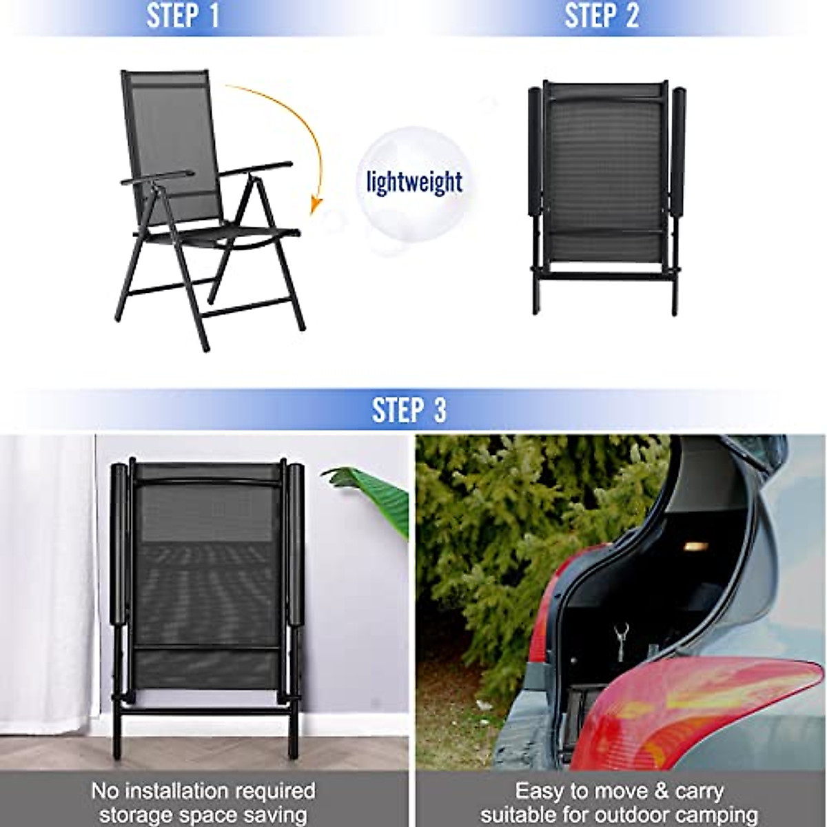 PHI VILLA 7 Piece Patio Dining Set, Outdoor Dining Furniture Patio Table Set with Patio Folding Chairs (Black) & Rectangle Wooden-Like Outdoor Dining Table for Lawn, Garden and Yard