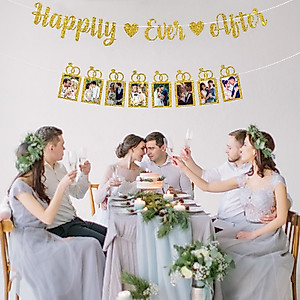 WeBenison Happily Ever After Photo Banner Wedding Decor Banner with Photo Frame Bridal Shower Bunting Decorations Bachelorette Party Picture Banner Gold Glitter