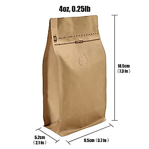 50 Pieces 4 Ounce Kraft Paper Stand Up Coffee Bag/Flat Bottom Pouch with Air Release Valve and Reusable Side Zipper. (50pcs, ¼lb/4oz/100gram)