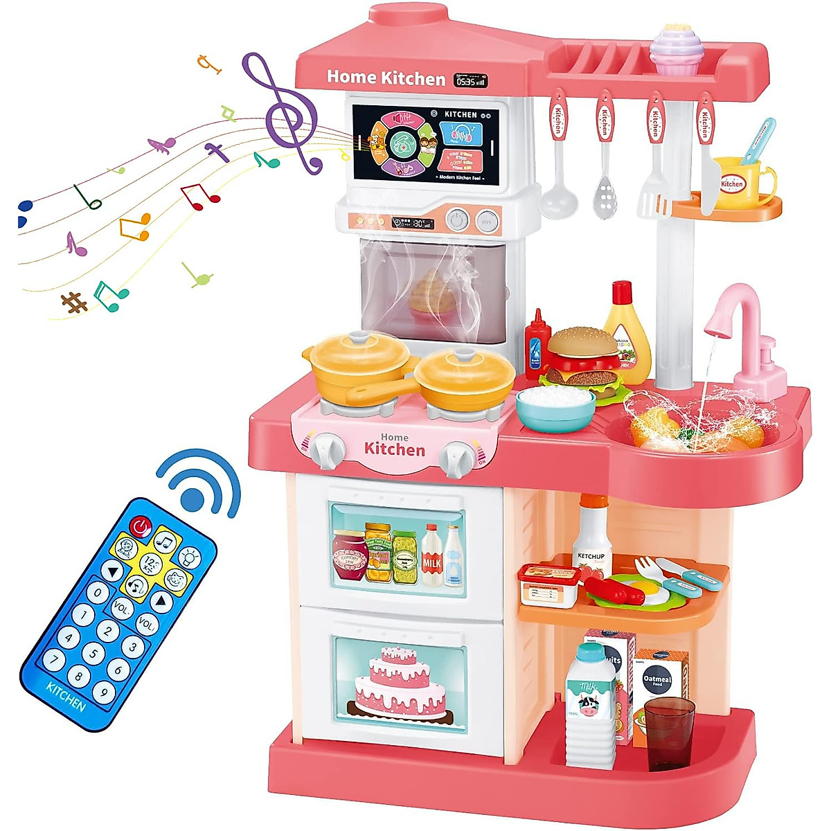 HCFJEH Kids Play Kitchen Toy Playset,Pink Kitchen Toy Set with Play Sink & Pretend Steam, Toddler Kitchen Accessories Set with Sounds & Light, Birthday for Boy Girl 3 4 5 7 8 Year Old