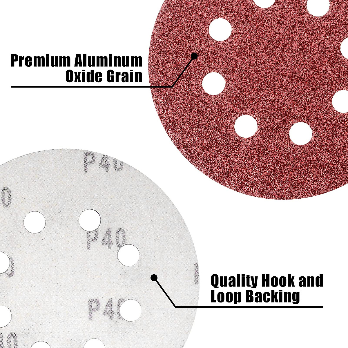 100 PCS 5 Inch Sanding Disc 40 Grit, 8 Hole Sandpaper Hook and Loop Sanding Pads Round Orbital Sandpaper for Random Orbital Sander