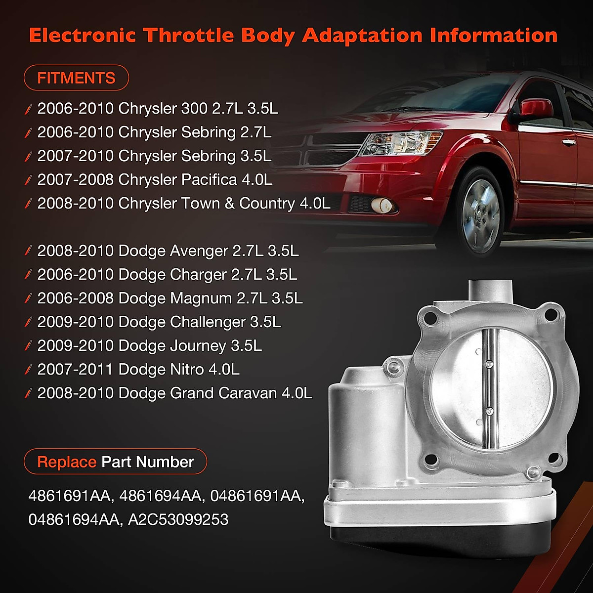 Throttle Body Assembly with IAC TPS | for 2006-2011 Chrysler 300 Sebring Town Country Dodge Avenger Grand Caravan Journey 2.7L 3.5L 4.0L | Replace# 4861691AA, 4861694AA, 04861691AA, 04861694AA