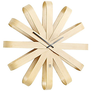 Umbra Ribbonwood Large Modern Wall Clock, Battery Operated, Silent, Non Ticking, Unique, 20" Diameter x 4” Width x 20" Height, Natural