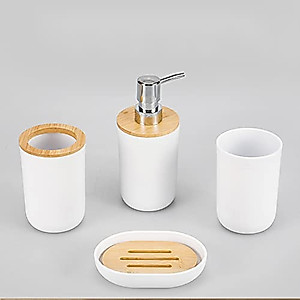 Bathroom Accessories Set, Set of 8 Piece Plastic Gift Set Toothbrush Holder,Toothbrush Cup,Soap Dispenser,Soap Dish,Toilet Brush Holder,Trash Can,Cotton Swab can for Bathroom (White bamboo-8pcs)