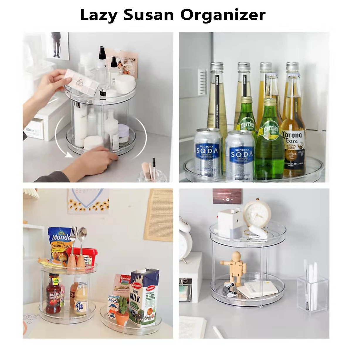 2 Pack Lazy Susan Organizer, Lazy Susan Turntable for Cabinet, PlasticTurntable Organizer Rotating Spice Rack - for Kitchen, Pantry, Bathroom, Fridge,Table, Countertop
