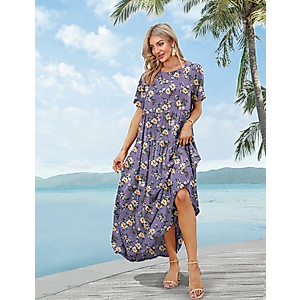 YESNO Women Casual Loose Bohemian Floral Dress with Pockets Short Sleeve Long Maxi Summer Beach Swing Dress 2XL EJF CR08 Purple