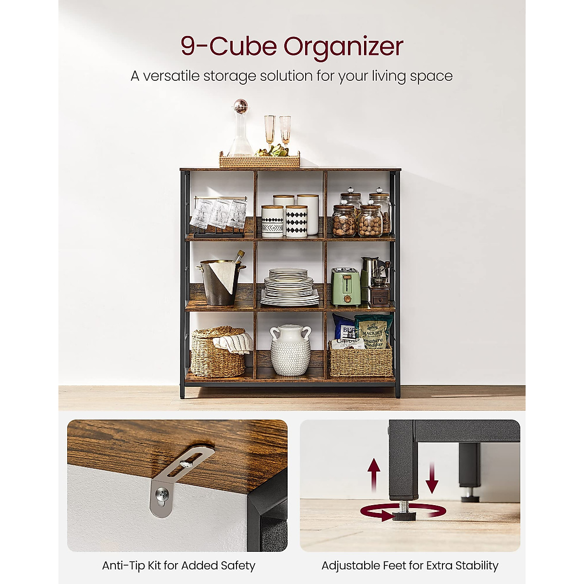 VASAGLE Bookshelf, Bookcase, 9 Cubes Storage Organizer, Industrial Open Display Shelf, for Bedroom, Office, Living Room, Metal Frame, Rustic Brown and Black ULLS112B01