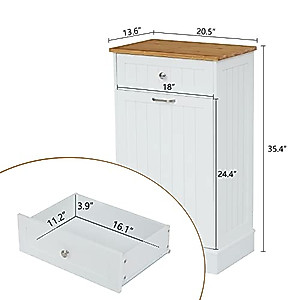 Kinsuite Tilt Out Trash Bin - White Wooden Trash Cabinet, Free Standing Kitchen Trash Can, Holder & Recycling Cabinet with Hideaway Drawer, Removable Bamboo Cutting Board