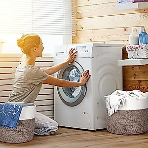 Jinei 3 Pcs Large Cotton Rope Basket 13.8'' x 11.8'' Blanket Basket Toy Storage Basket Clothes Hamper Woven Baskets with Handle Baby Laundry Basket Nursery Bin for Living Room Bathroom Bedroom Decor