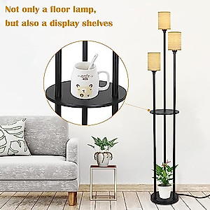 Boho Floor Lamp with Shelves, Black Floor Lamp with Hand-woven Shade, 3-Lights Corner Display Standing Lamp, Farmhouse Rustic Floor Lamps For Living Room, Bedroom, Office, Metal Tall Lamp for Reading