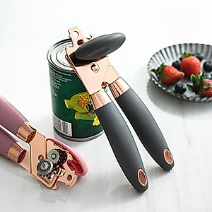 KAISHANE Rose Gold Stainless Steel Manual Can Opener With Durable Black Anti Slip Handles and Large Knob with Built In Bottle Cap Opener (Pink)