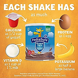 PediaSure Grow & Gain with Immune Support Shake Mix Powder,Kids Shake,23 Vitamins and Minerals,6g Protein,Helps Kids Catch Up On Growth,Non-GMO,Gluten-No,Chocolate,14.1-oz Can,3 Cans—24 Servings