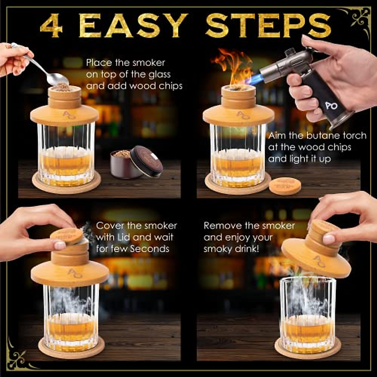 Aberdeen Oak Deluxe Cocktail Smoker Kit - Whiskey Infuser Set with Torch, Hickory & Oak Chips, Whisky Balls - Smoky Flavor Enhancer for Drinks (Butane Not Included)