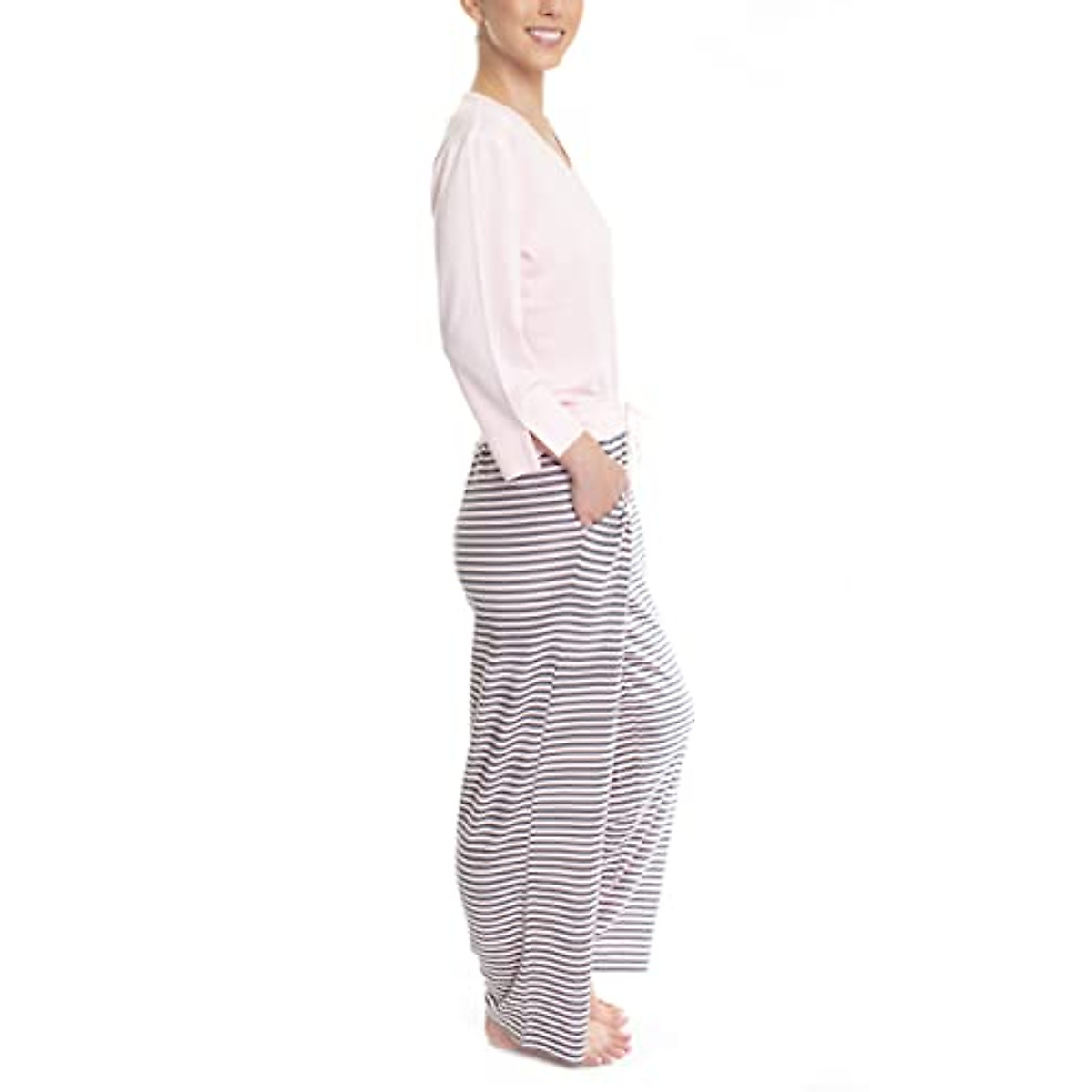 Hanes Women's Butter Knit 3/4 V-Neck Sleep Top and Pajama Pant Lounge & Sleep Set Pink/Stripe