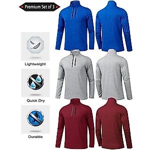 3 Pack: Men's Quarter 1/4 Zip Pullover Long Sleeve Workout Jackets, Athletic Dry Fit Running Shirts (Set 2, Large)