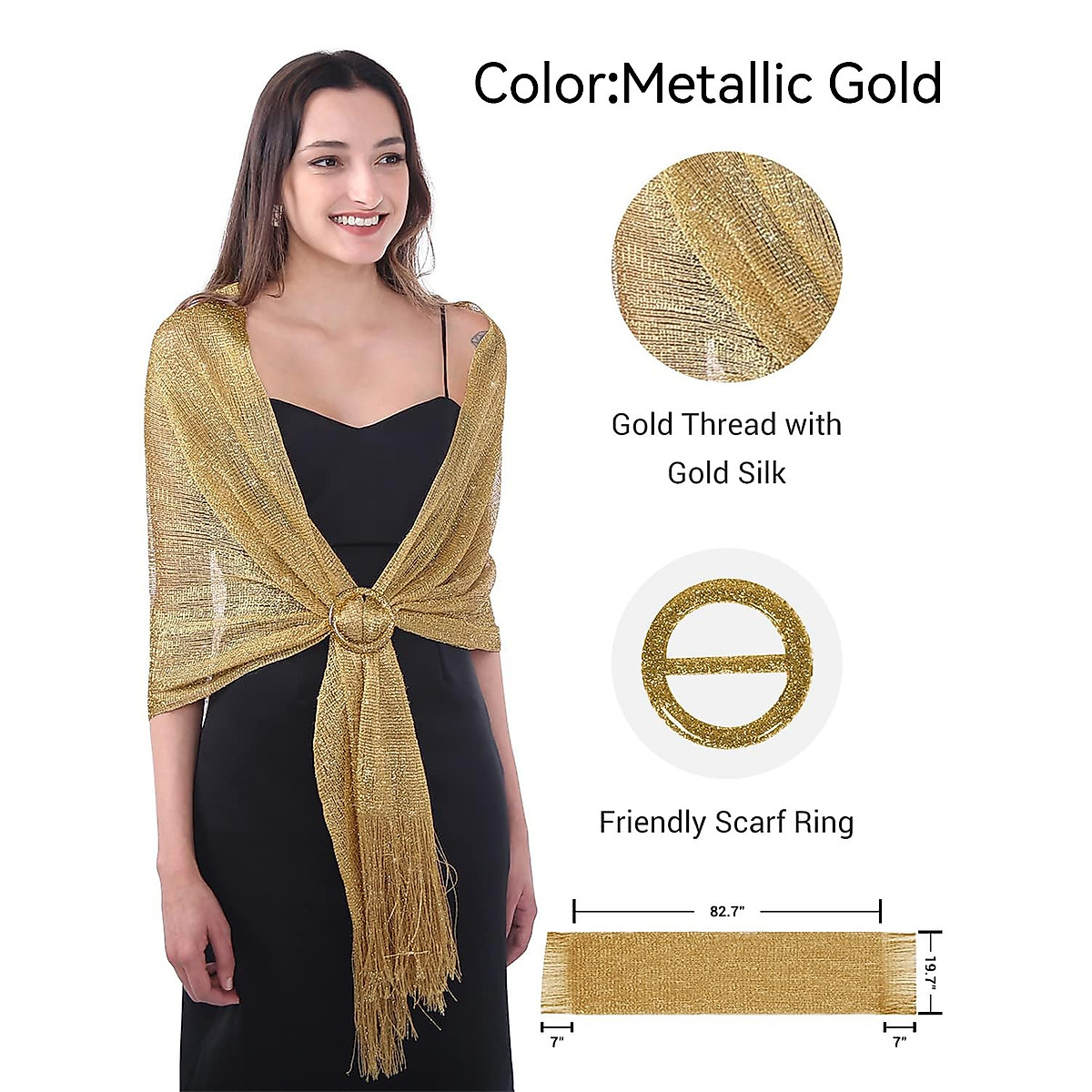 Womens Wedding Evening Wrap Shawl Glitter Metallic Prom Party Scarf with Fringe, 3 Metallic Gold