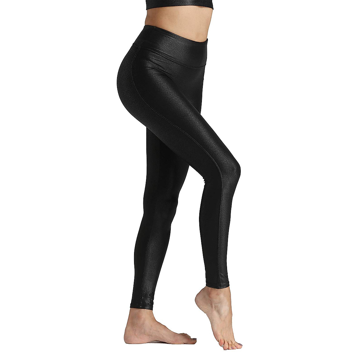 Tsful Faux Leather Leggings for Women Tummy Control High Waist Dressy Seamless Stretch Pleather Yoga Pants Black